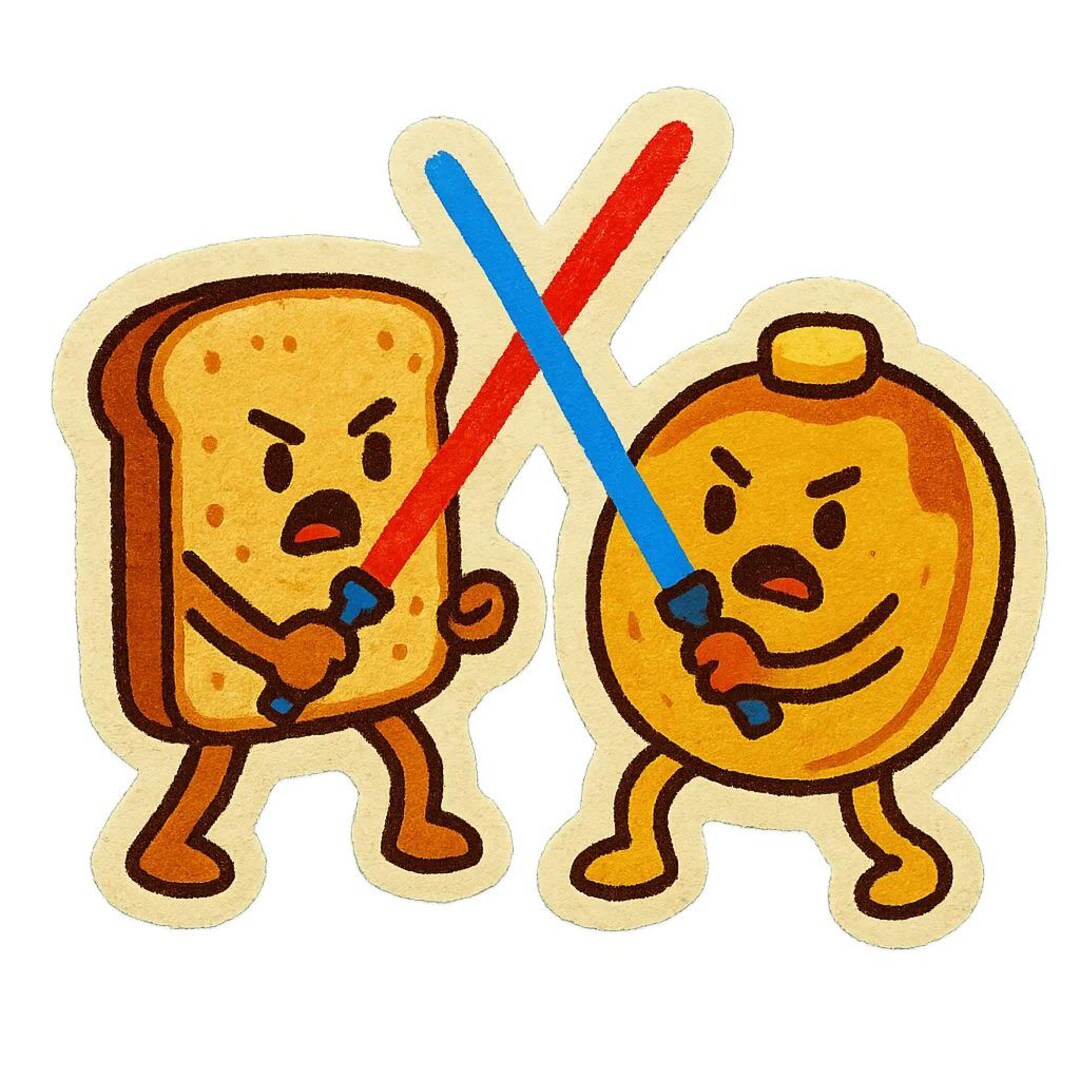 Toast With a Laser Sword Fights Against Pancake – Funny Cartoon Sticker ...