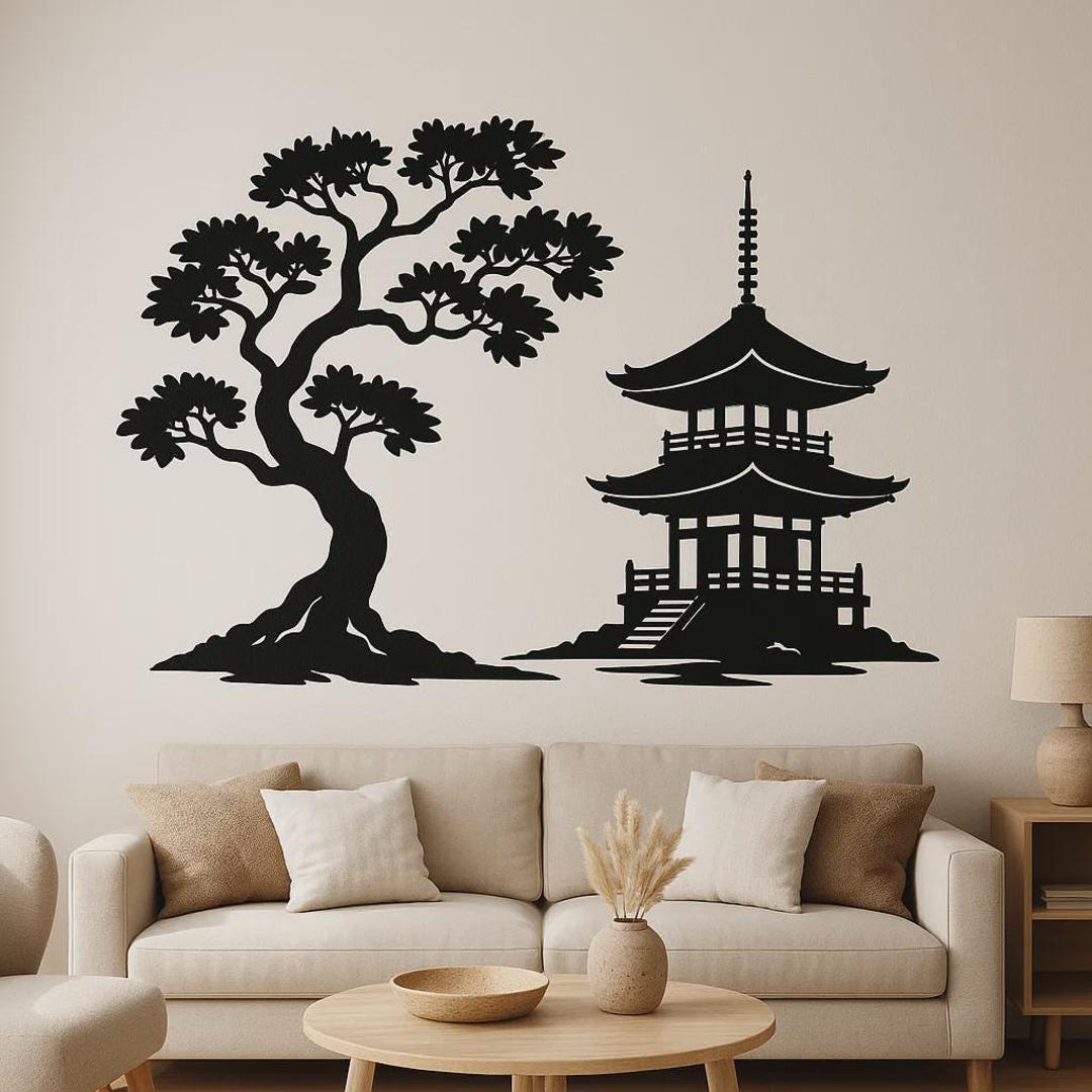 Japanese Pagoda and Bonsai Wall Sticker, Asian Wall Decoration, Zen ...