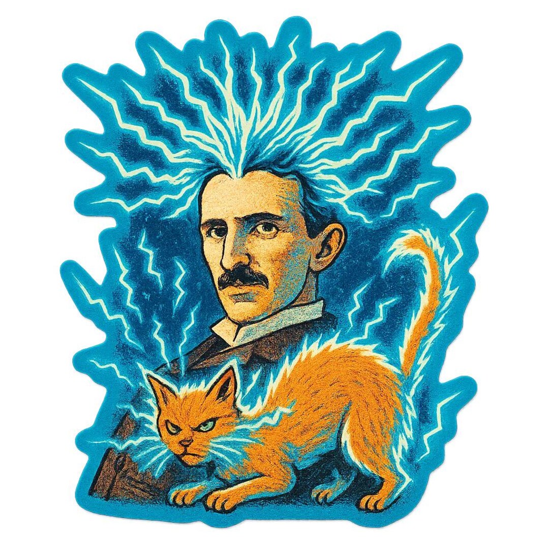 Nikola Tesla Sticker With Electric Cat and Lightning Hair. Comic ...