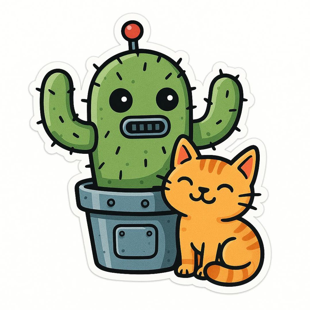 Robot Cactus With Cat Sticker – Fantasy Car Sticker – Weatherproof ...