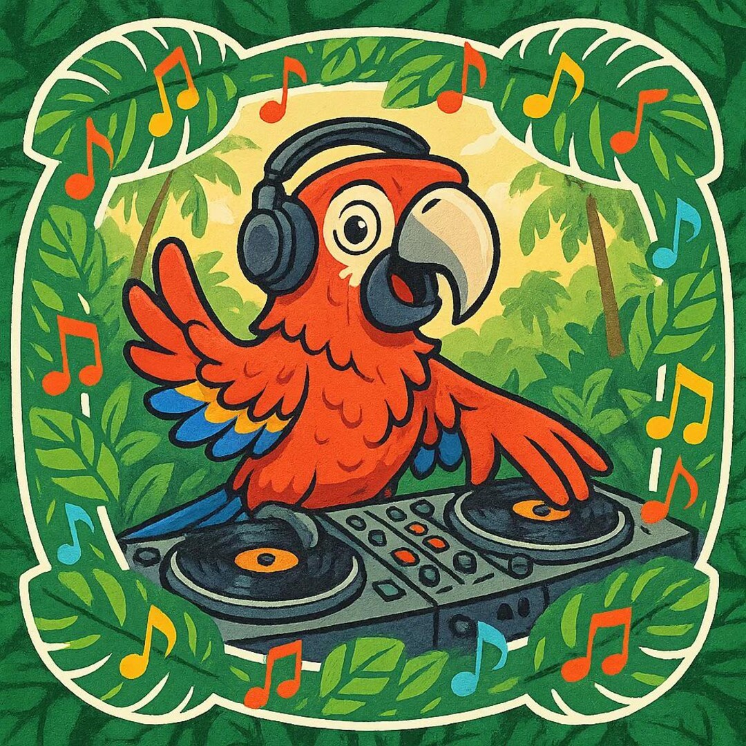 Parrot Sticker as a DJ in the Jungle Funny Bird Comic Sticker for Music ...