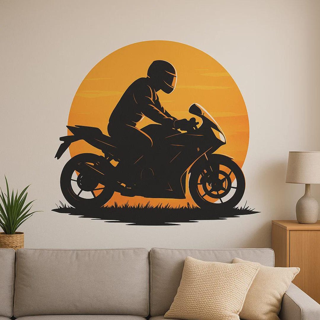 Motorcycle in the Sunset Wall Sticker Atmospheric Biker Motif Sticker ...