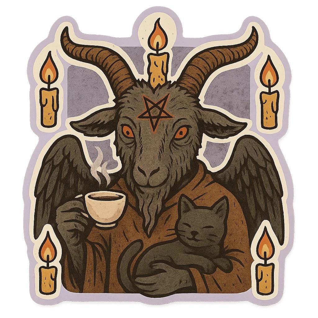 Baphomet Sticker Drinking Tea With Cat Comic Sticker for Occult Nerds ...