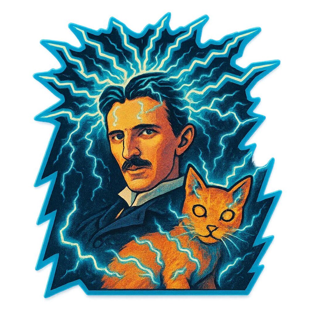 Nikola Tesla Sticker With Electric Cat and Lightning Hair. Comic ...