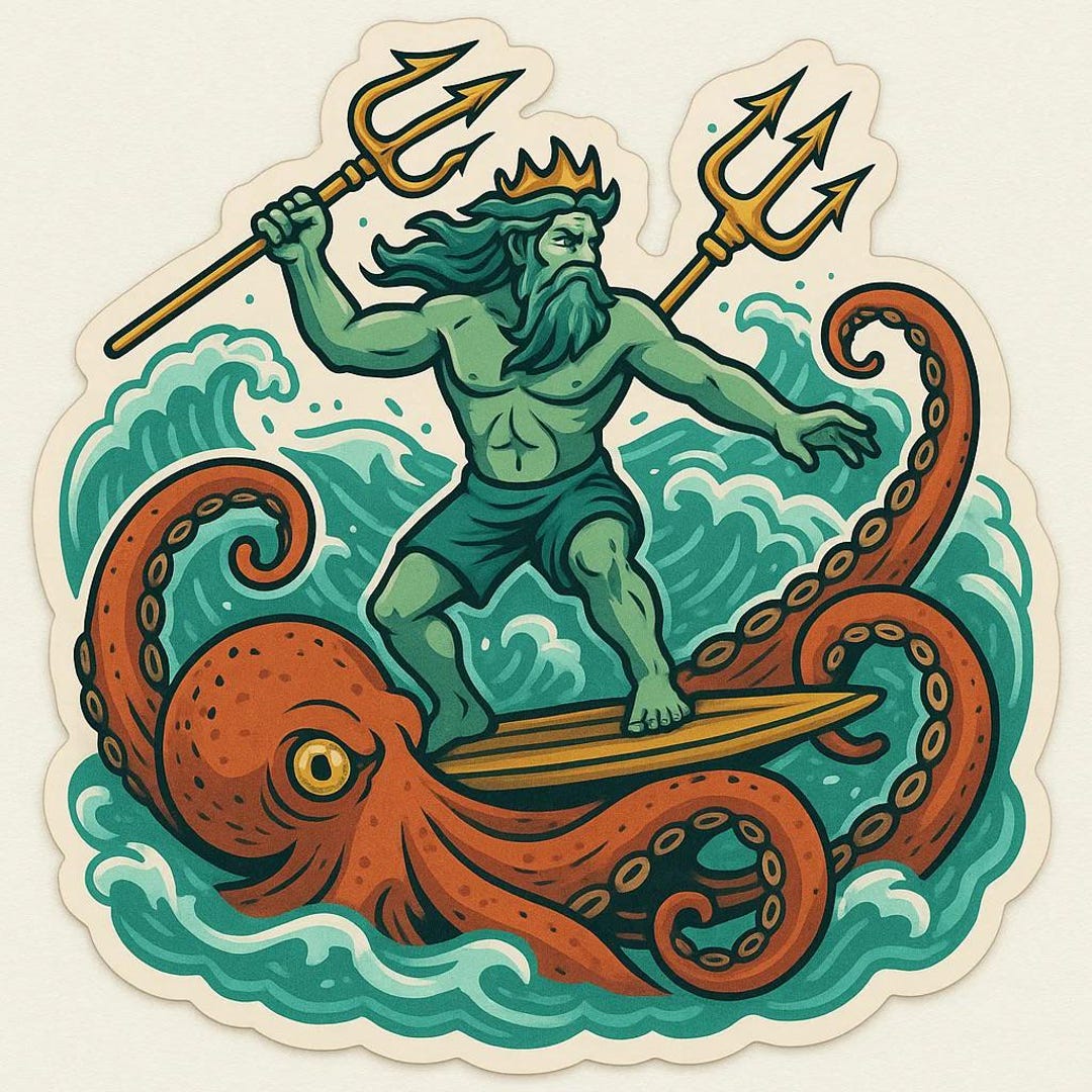 Poseidon Sticker Surfing on Giant Octopus With Trident Comic Sticker ...