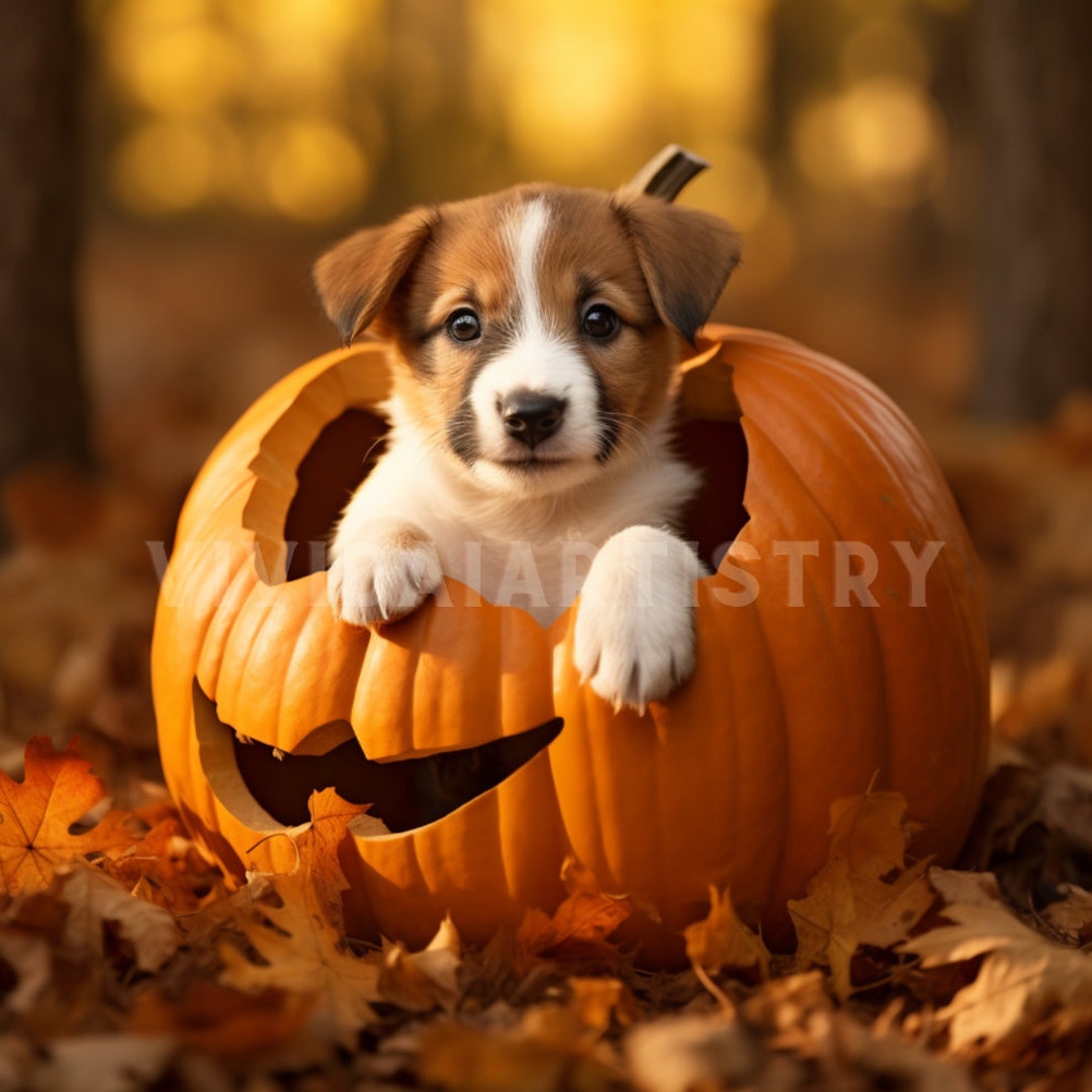 Fall Puppy in Pumpkin Art Instant Download Wallpaper, Digital Poster ...