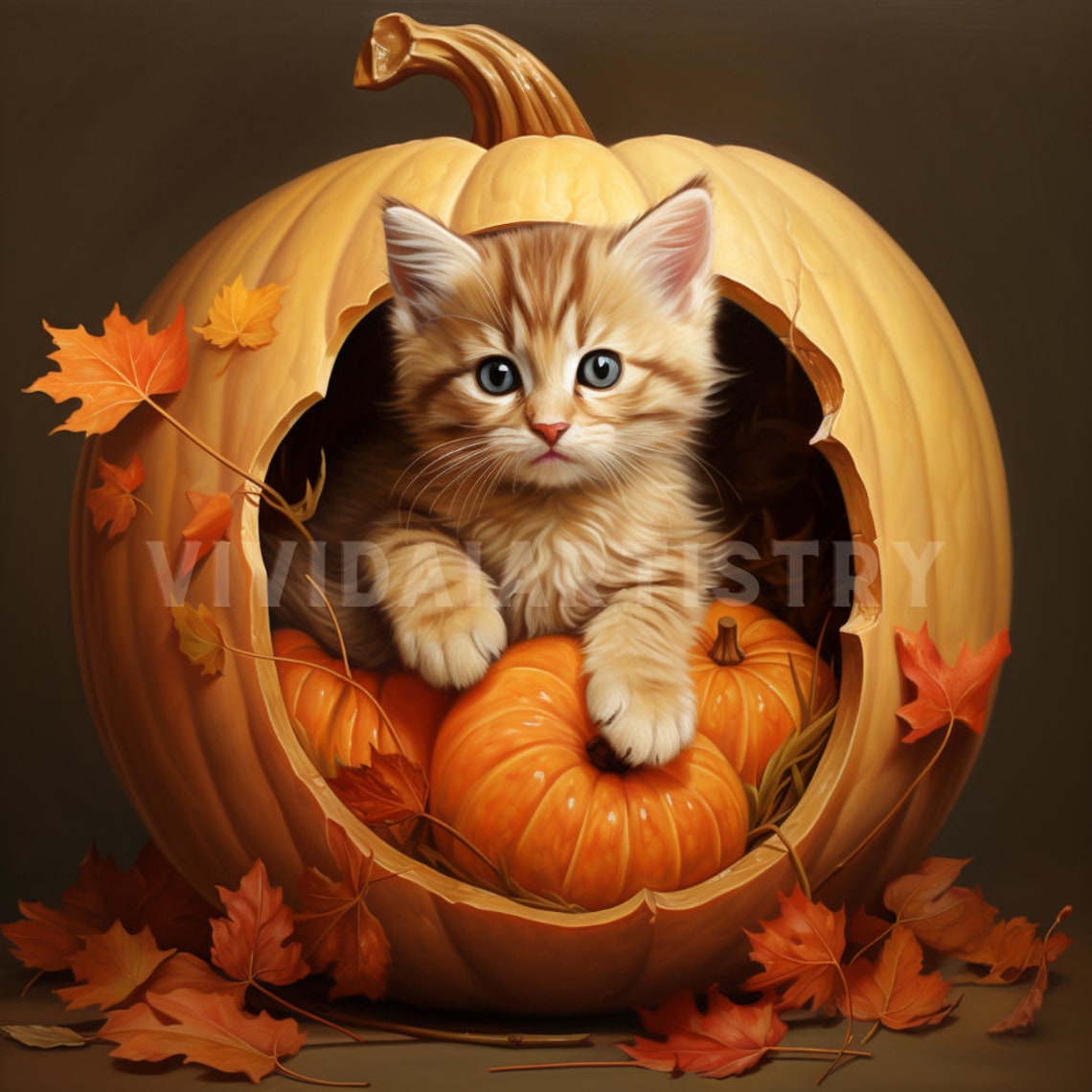 Fall Kitten in Pumpkin Art Instant Download Wallpaper, Digital Poster ...