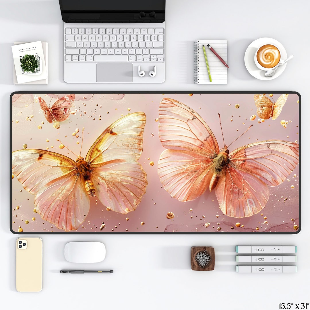 Peach Butterfly Desk Mat Gaming Mouse Pad Large Mousepad, Stitched ...