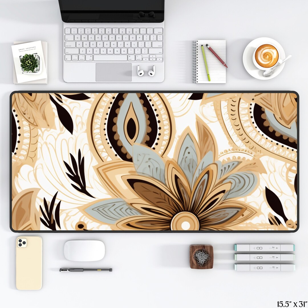 Boho Desk Mat, Beige Bohemian Large Gaming Mousepad, Floral Hippie Home ...