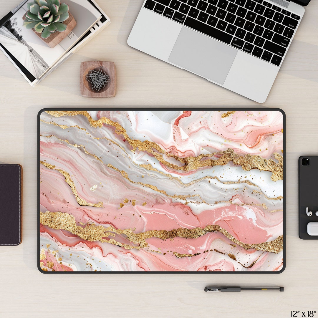 Pink and Gold Marble Desk Mat Aesthetic, Large Gaming Mouse Pad ...