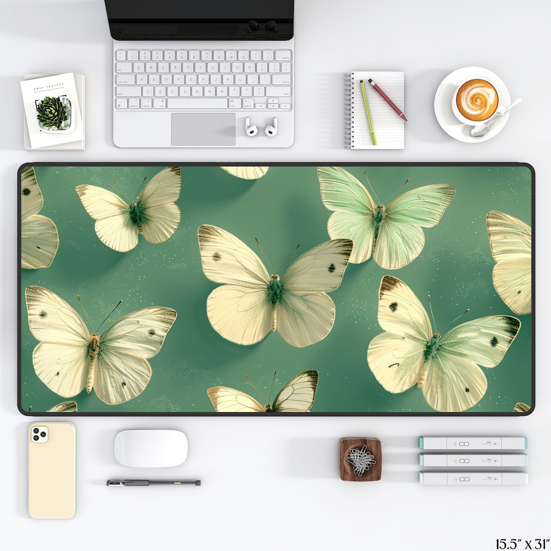 Sage Green Butterfly Desk Mat Gaming Mouse Pad Large Mousepad, Stitched ...