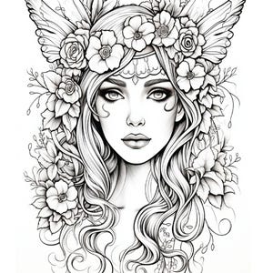 50 Floral Moon Fairy Coloring Book, Fairy Tale Coloring Pages, Moon ...
