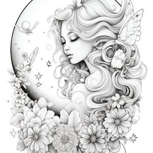 50 Floral Moon Fairy Coloring Book, Fairy Tale Coloring Pages, Moon ...