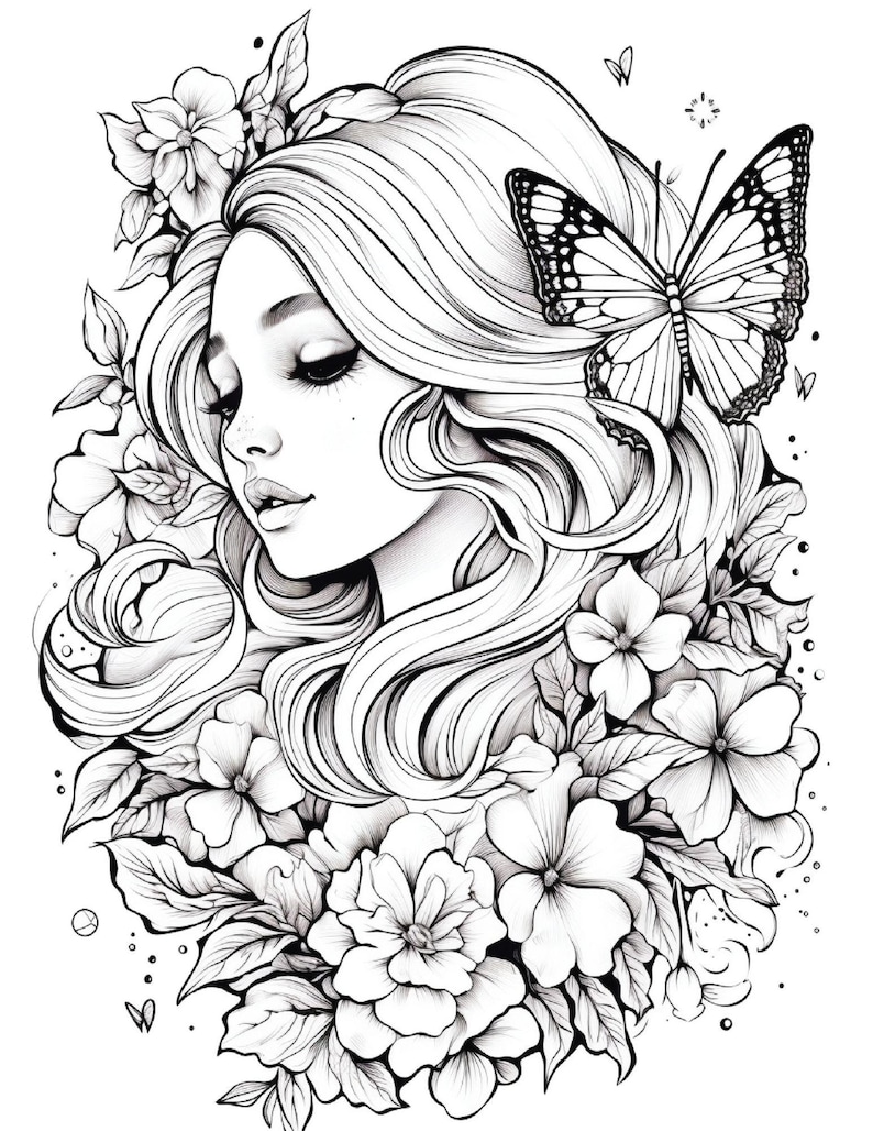50 Floral Moon Fairy Coloring Book, Fairy Tale Coloring Pages, Moon ...