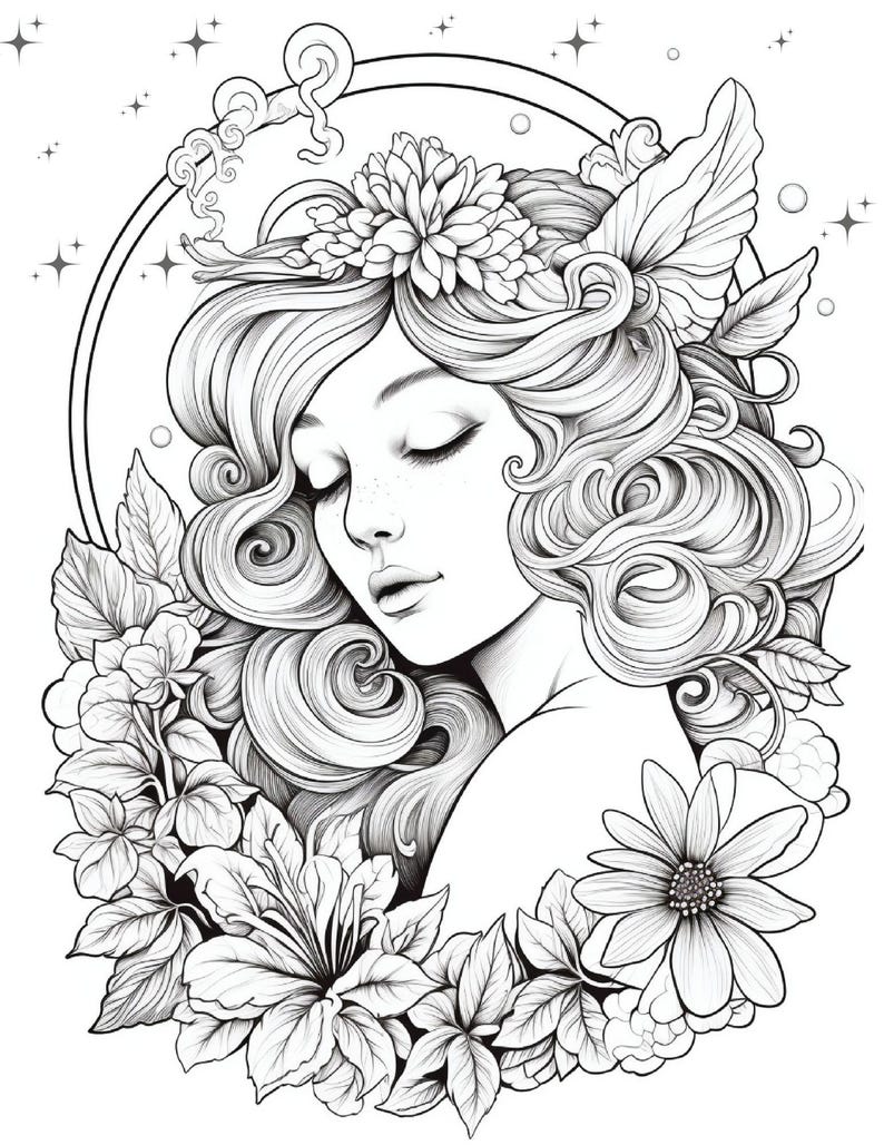 50 Floral Moon Fairy Coloring Book, Fairy Tale Coloring Pages, Moon ...