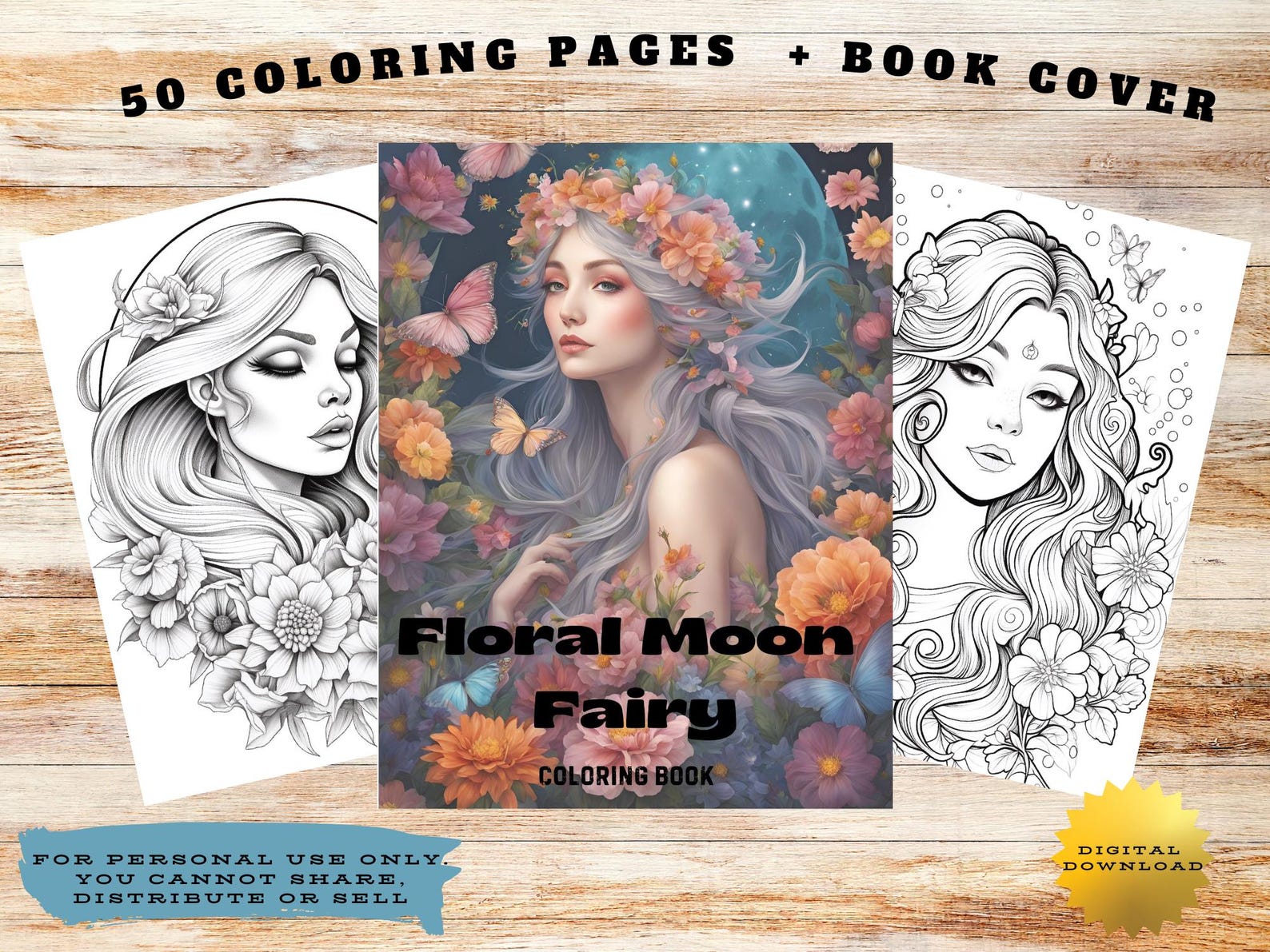 50 Floral Moon Fairy Coloring Book, Fairy Tale Coloring Pages, Moon ...