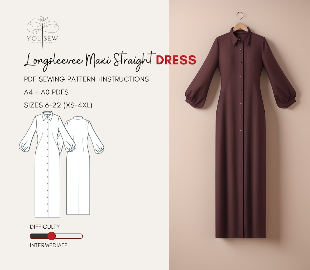 Longlseeve Maxi Dress PDF Sewing Pattern Sizes XS-4XL Layered Pattern ...