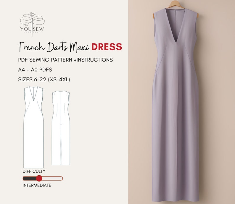 French Darts Maxi Dress PDF Sewing Pattern Sizes XS-4XL Layered Pattern ...