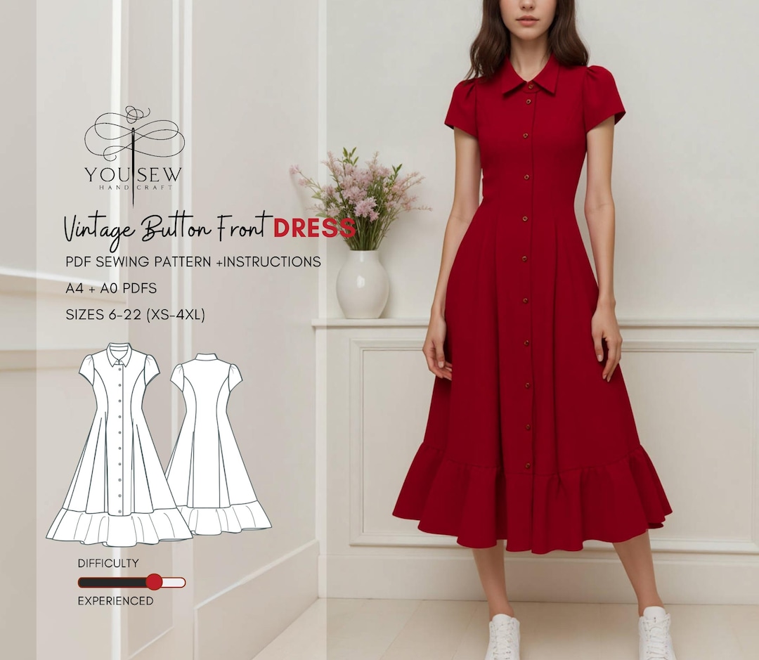 Vintage Button Down Dress PDF Sewing Pattern Sizes XS-4XL Layered ...