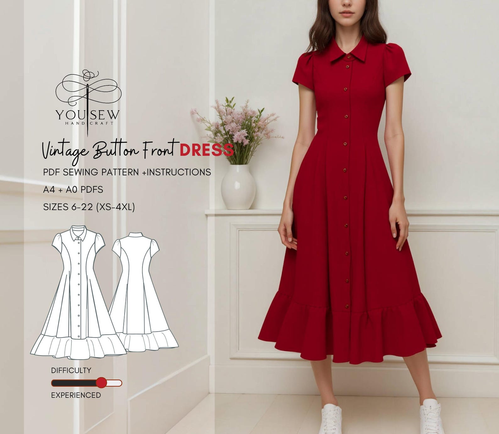 Vintage Button Down Dress PDF Sewing Pattern Sizes XS-4XL Layered ...