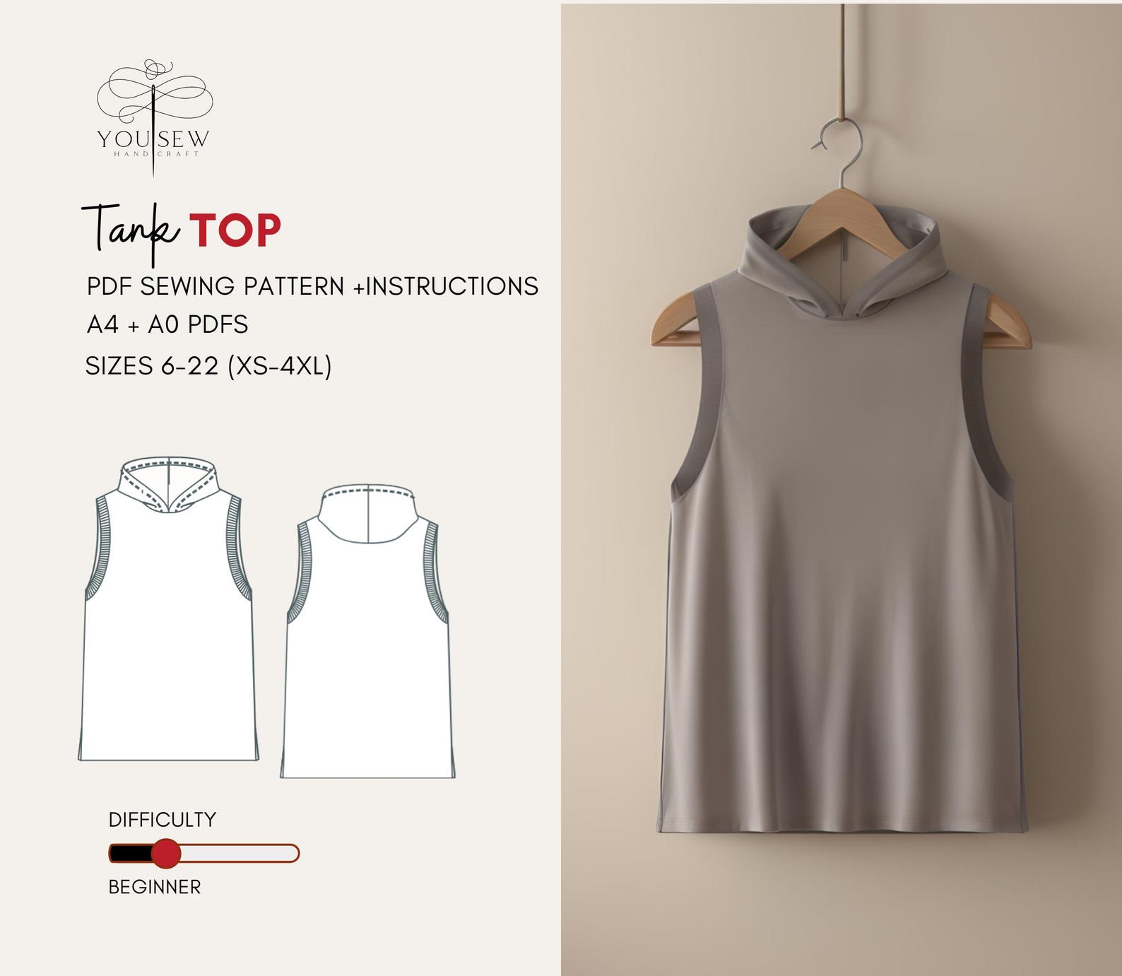 Hooded Tank Top PDF Sewing Pattern Women's Tank Top Sizes 6-22 Layered ...