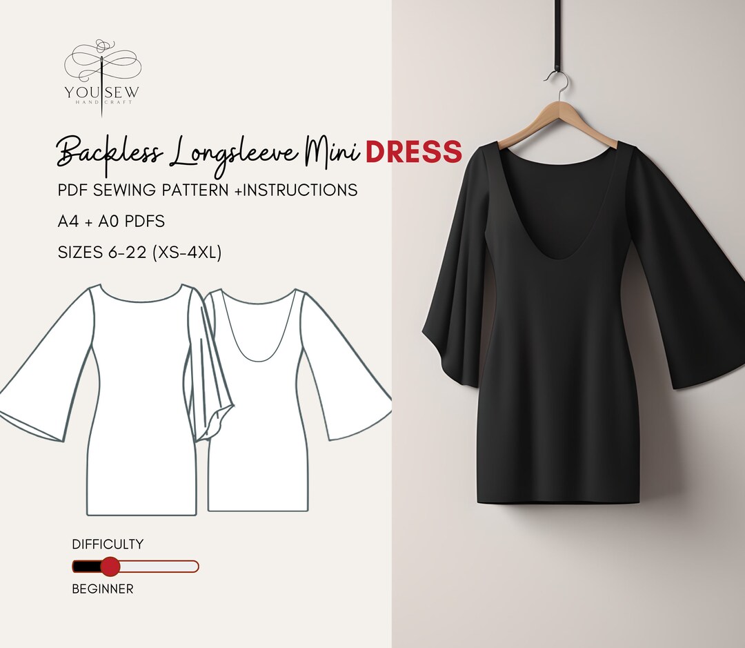 Stretch Backless Longsleeve Mini Dress PDF Sewing Pattern-sizes 6-22 ...