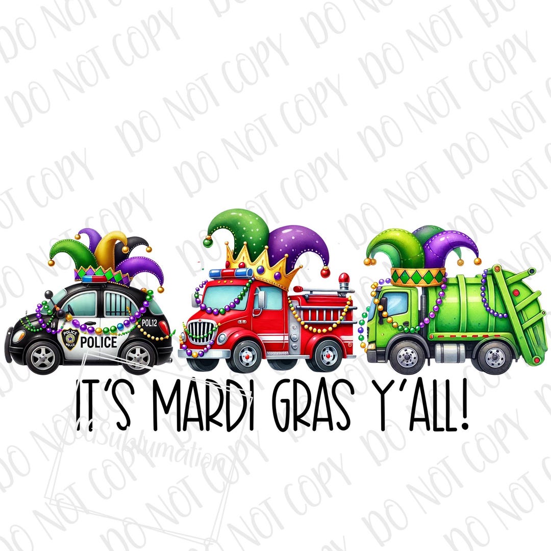 Mardi Gras Trucks PNG, Purple N Gold Beads Emergency Cars Sublimation ...