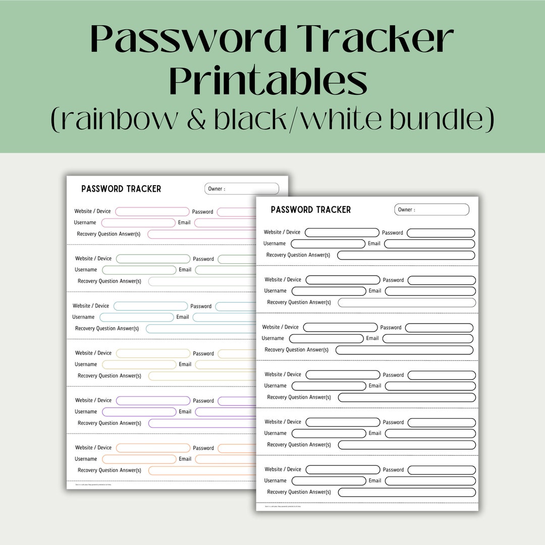 PRINTABLE Password Tracker BUNDLE - Rainbow and Black N White Password ...