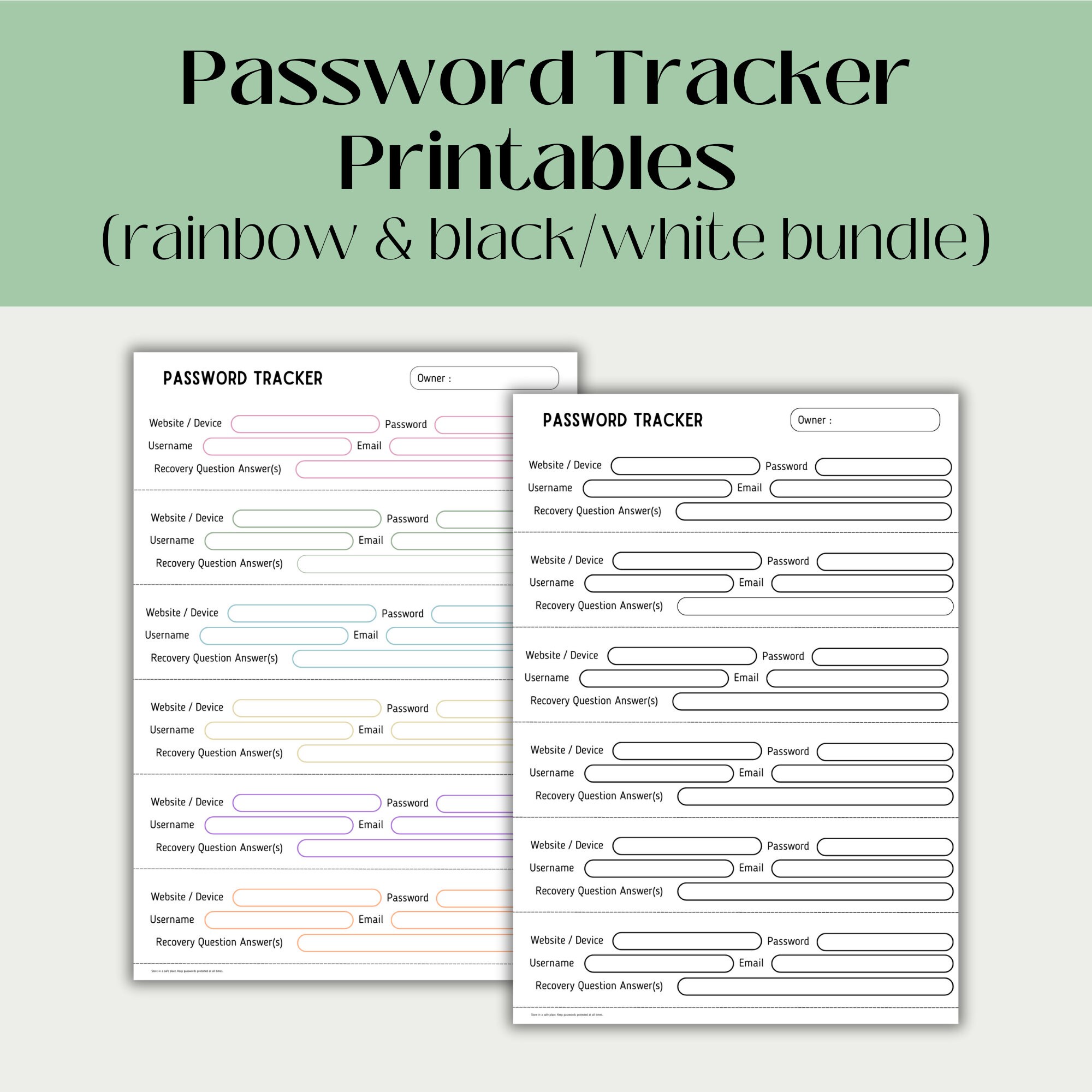 PRINTABLE Password Tracker BUNDLE - Rainbow and Black N White Password ...