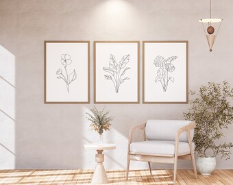 Flower Line Art Set of 3 Prints, Floral Prints, Botanical Line Drawing, Printable Wall Art ...
