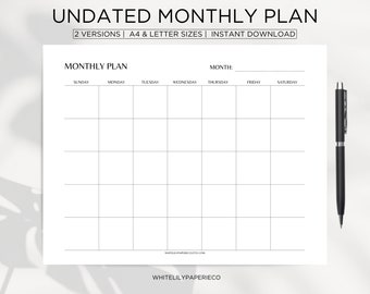 Bright Undated Monthly Planner Printable, Month on 1 Page,letter Size ...