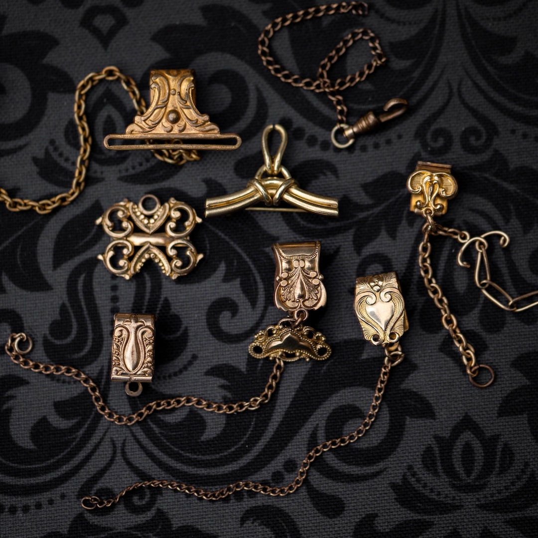 Victorian Watch Fob Clips and Chains Lot - Antique Gold Filled Estate ...