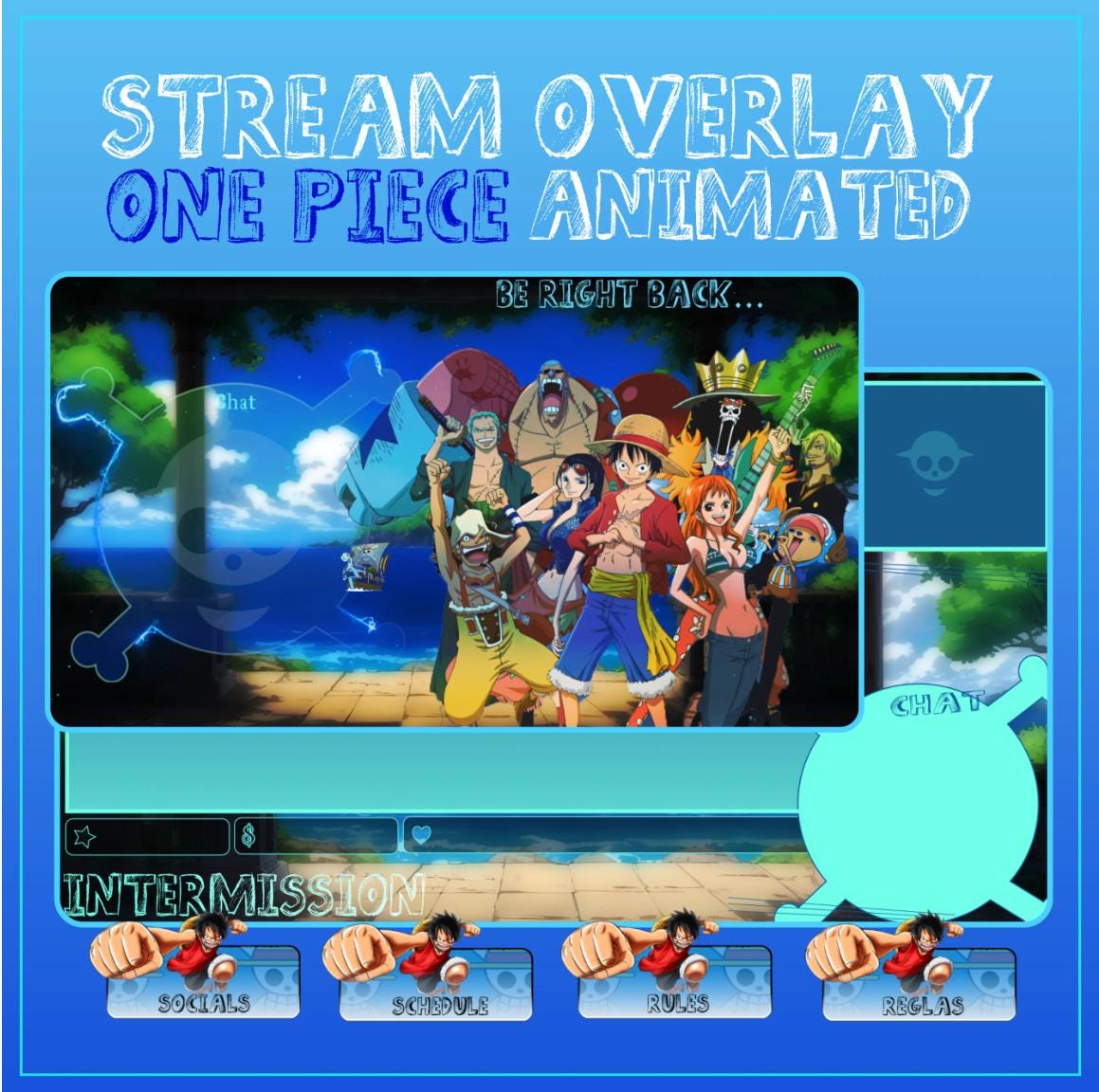 One Piece Stream Overlay Animated Pack, One Piece Stream Pack, Anime ...