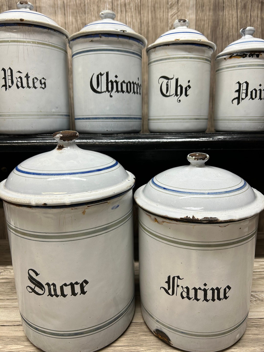 6 Vintage Retro Antique French Kitchen Nesting Enamel Canister Set ...