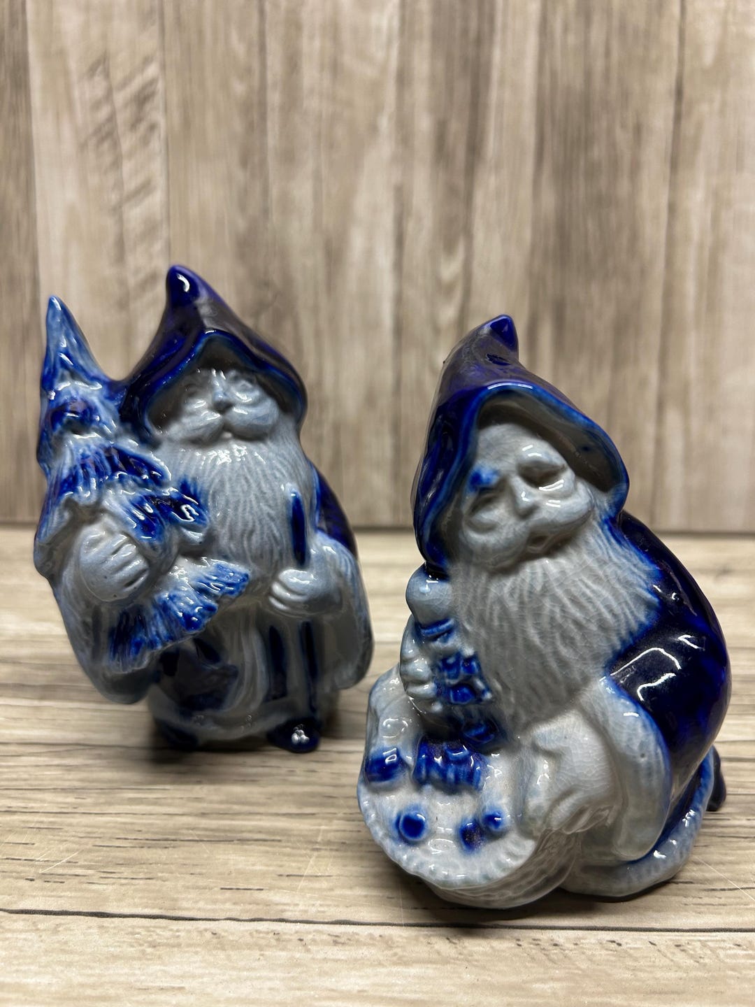 Vintage Set of Cobalt Blue and Gray Pottery Santas - Etsy