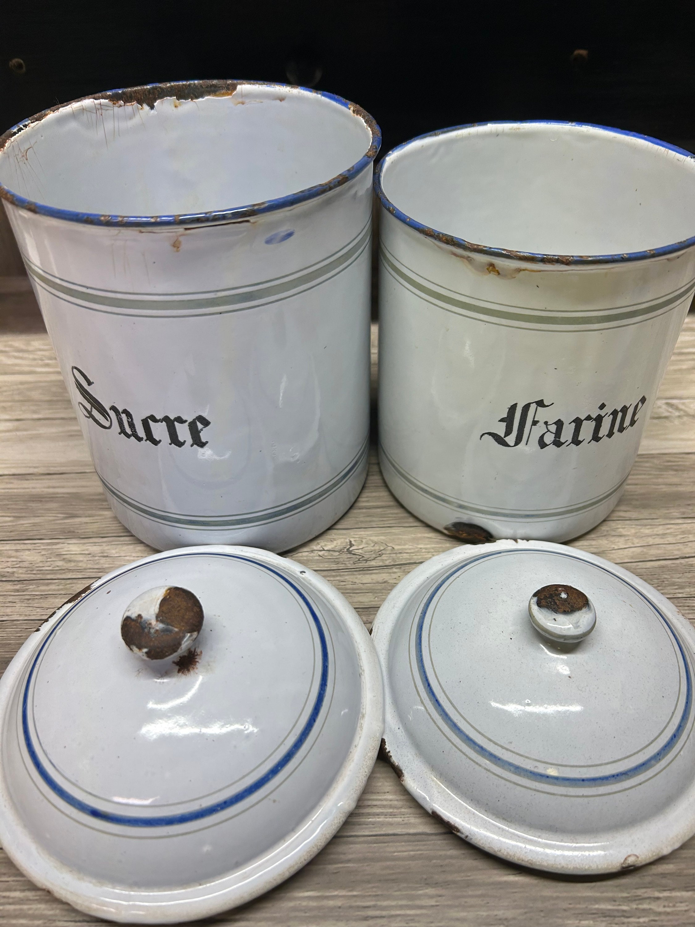 6 Vintage Retro Antique French Kitchen Nesting Enamel Canister Set ...