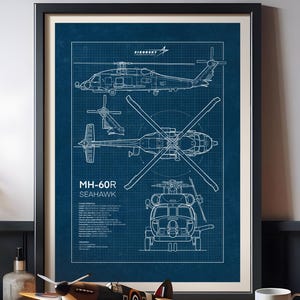 MH-60 Seahawk Helicopter Blueprint Poster, Military Aviation Art ...