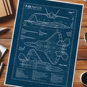 F-22 Raptor Blueprint Poster: Military Aircraft Art, Aviation Decor ...