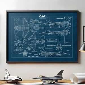 F-16 Fighting Falcon Blueprint Poster: Aviation Decor, Aircraft Wall ...