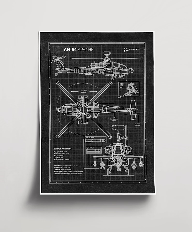 AH-64 Apache Helicopter Poster, Blueprint Poster, Helicopter Print ...
