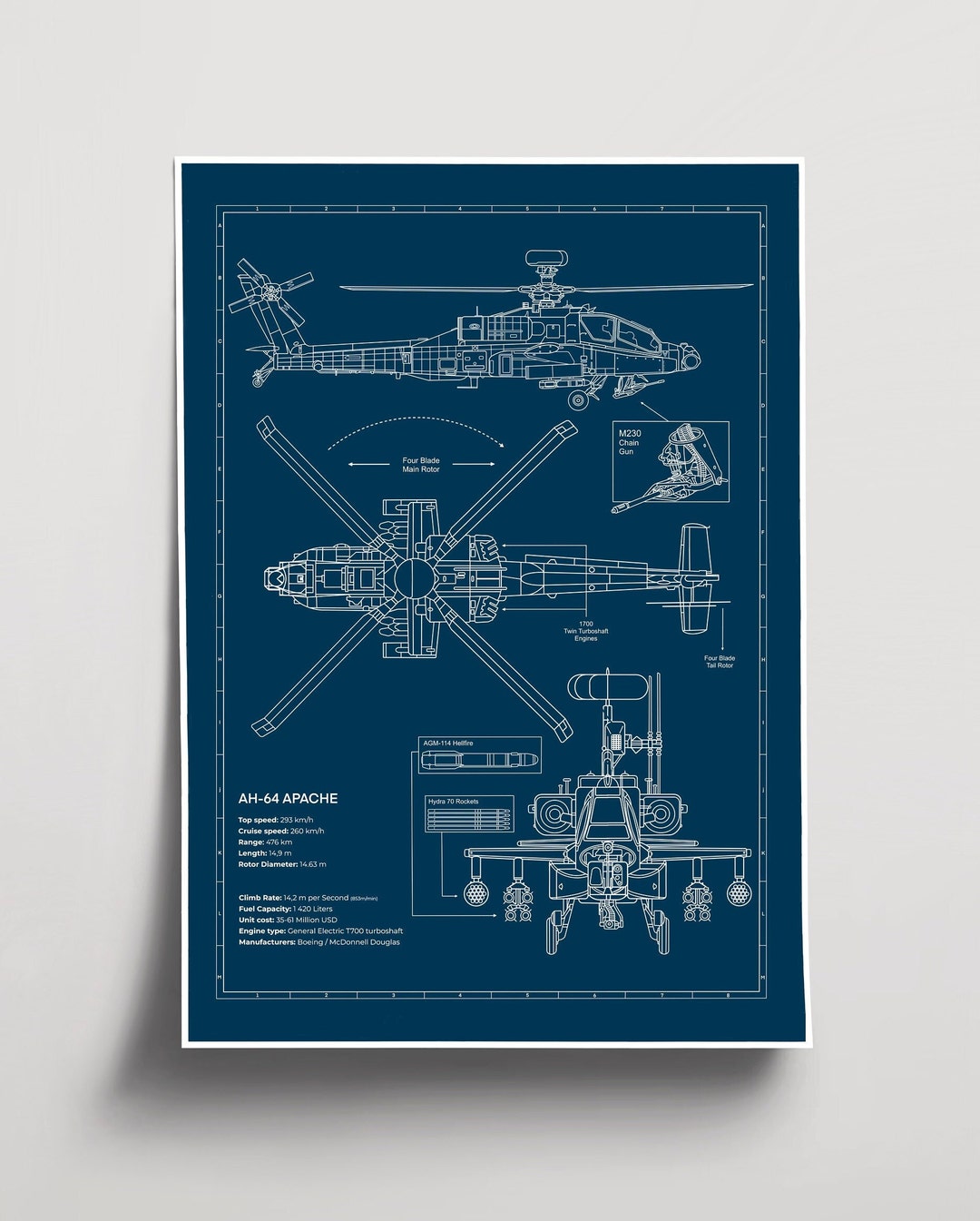 AH-64 Apache Helicopter Poster, Blueprint Poster, Helicopter Print ...