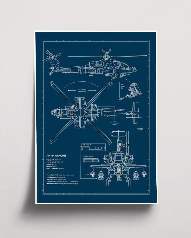 AH-64 Apache Helicopter Poster, Blueprint Poster, Helicopter Print ...
