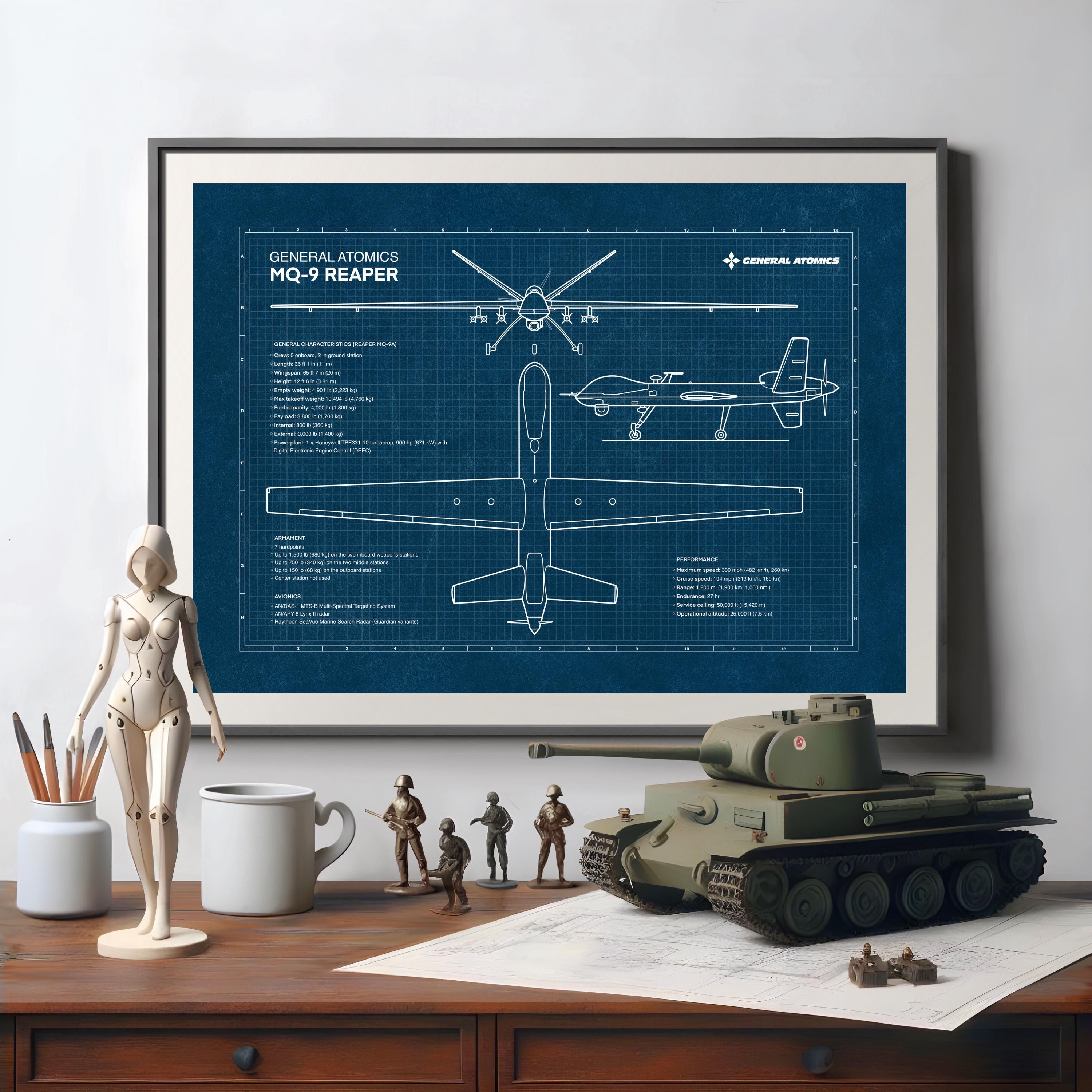 MQ-9 Reaper Blueprint Poster: Aviation Art Print, Military Decor ...