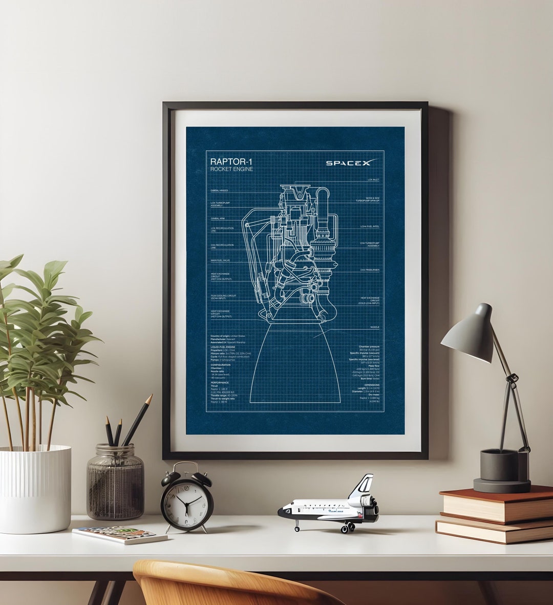 Spacex Raptor-1 Engine, Blueprint Poster, Starship, Rocket Engine Print ...