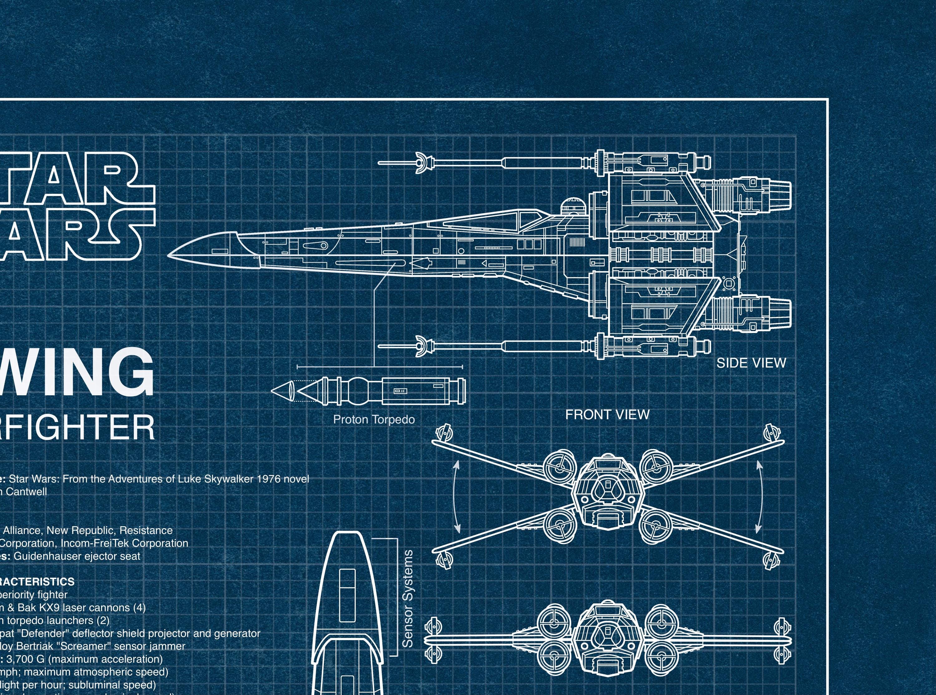 X-wing Fighter Blueprint Poster: Star Wars Wall Art, Sci-fi Geek Decor ...