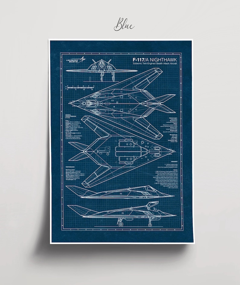F-117 Nighthawk Blueprint Poster: Stealth Jet Aviation Wall Art ...