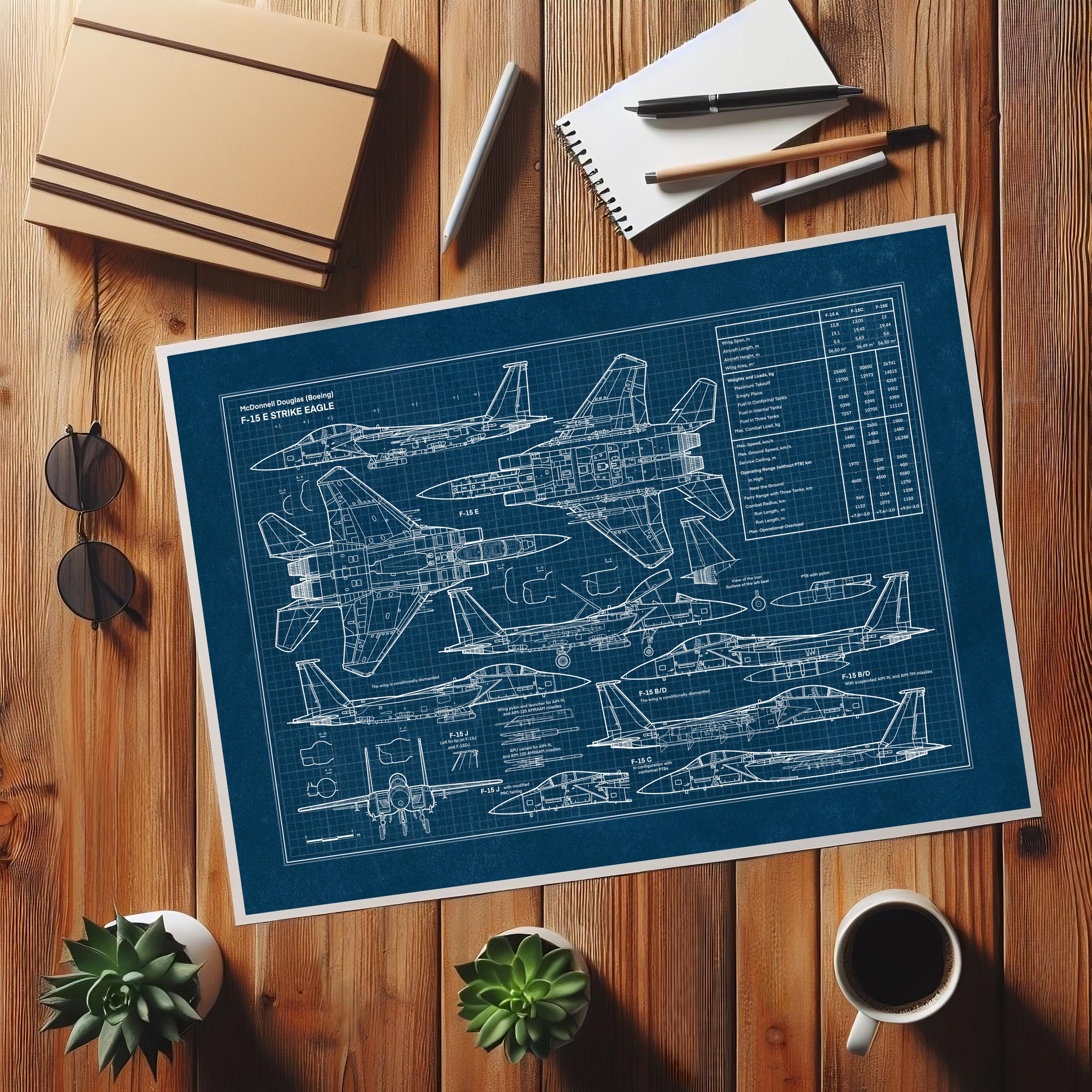 F-15E Strike Eagle Blueprint Poster: Aviation Wall Art, Military Decor ...