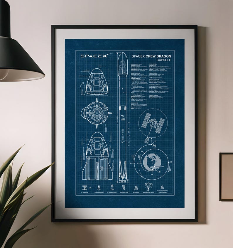 Spacex Crew Dragon Blueprint Poster, Space Theme Wall Art, Aerospace ...