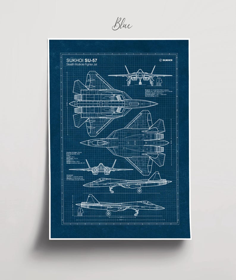 Sukhoi Su-57 Blueprint Poster, Russian Stealth Fighter (digital ...