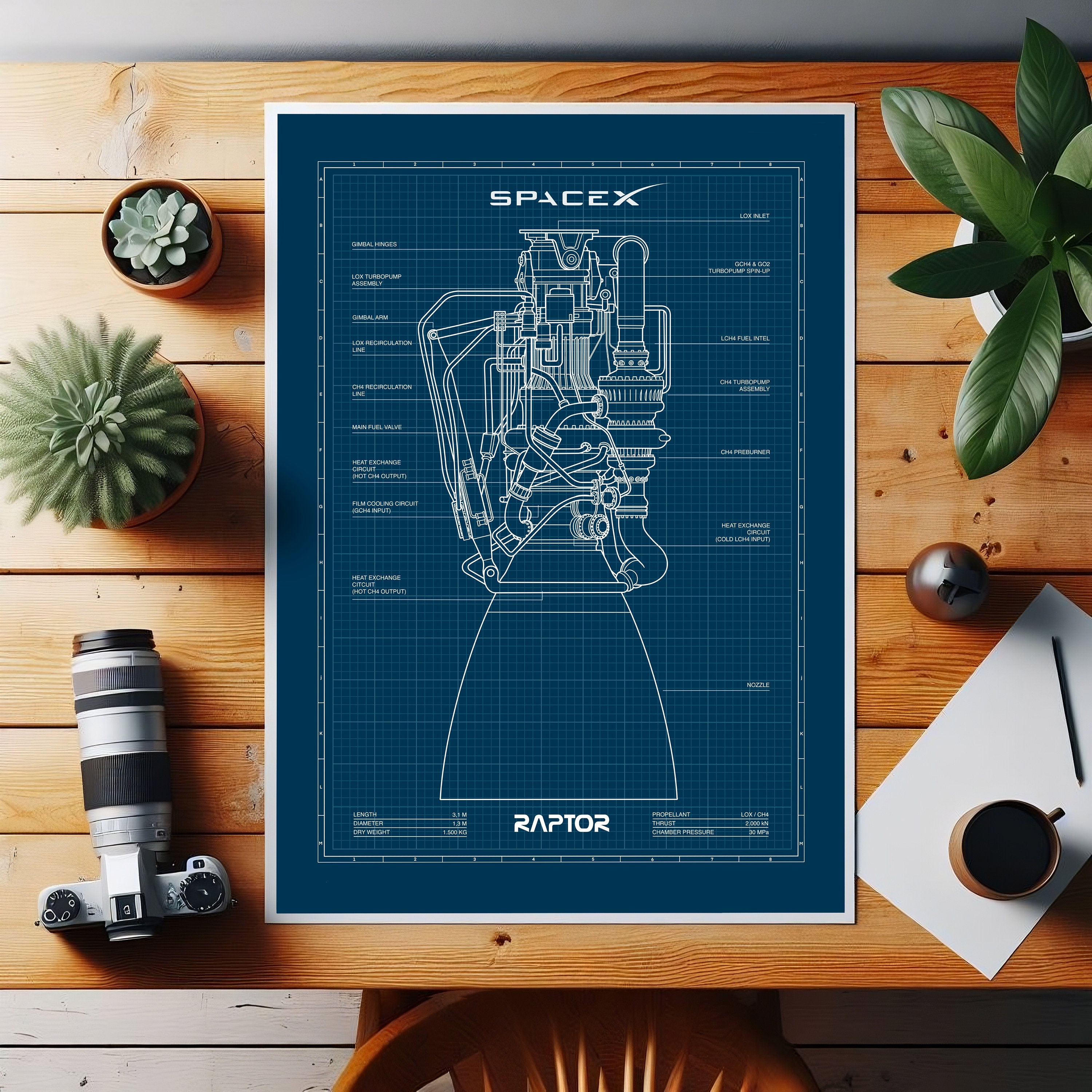 Spacex Raptor Engine, Blueprint Poster, Starship, Rocket Print, Space ...